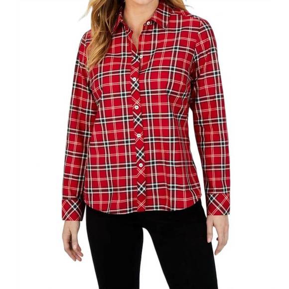 Foxcroft | Tops | New Foxcroft Ava Noniron Holiday Plaid Shirt In Redmulti | Poshmark